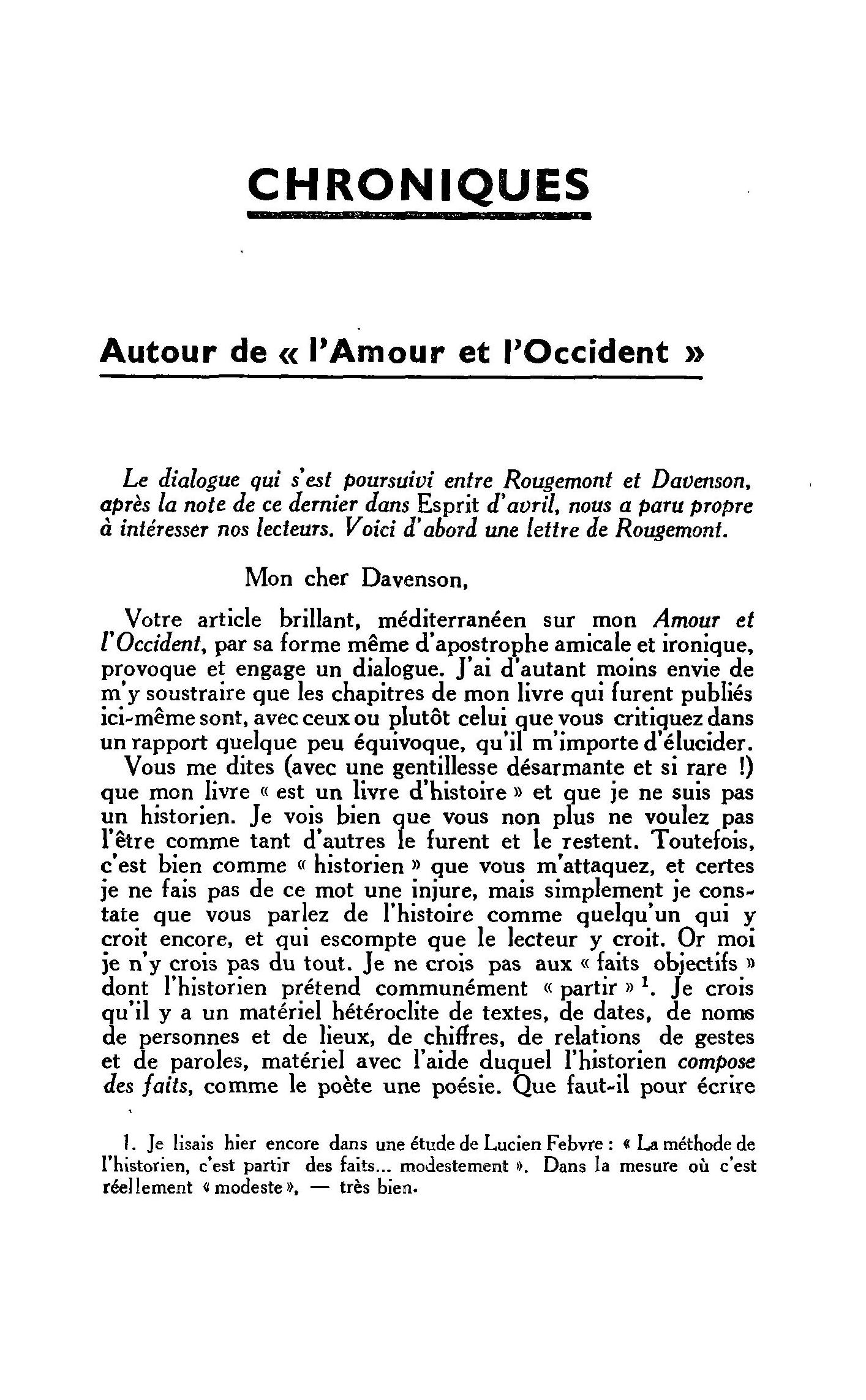Autour de L’Amour et l’Occident (septembre 1939) – Esprit — Rougemont 2.0